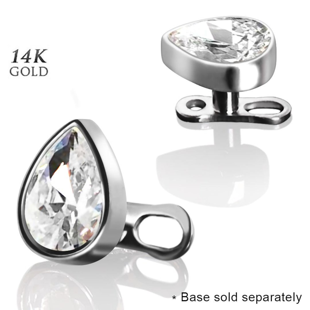 14K Solid White Gold Teardrop Gem Dermal Anchor Top Head Stud Ring ...