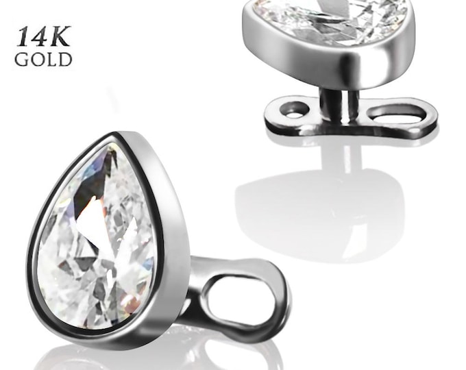 14K Solid White Gold Teardrop Gem Dermal Anchor Top Head Stud Ring ...