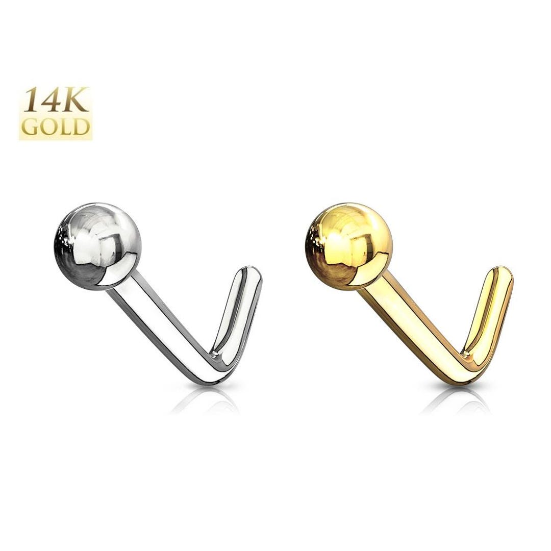 14K Solid Gold BALL Top L Bend Nose Stud Screw Ring Body Piercing Rings ...