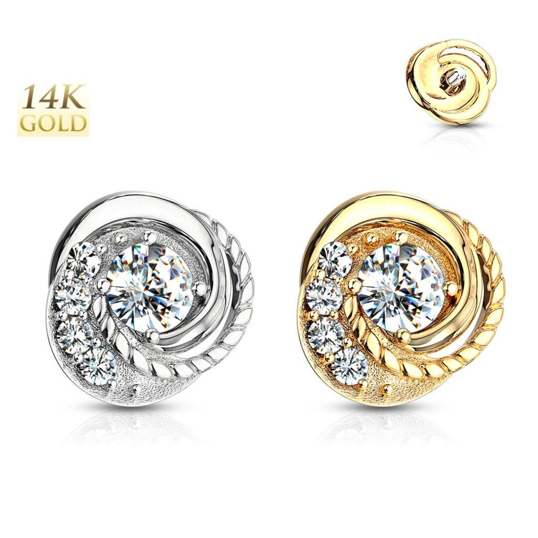14K Solid Gold Jeweled Swirl Dermal Anchor Top Head Stud Ring ...
