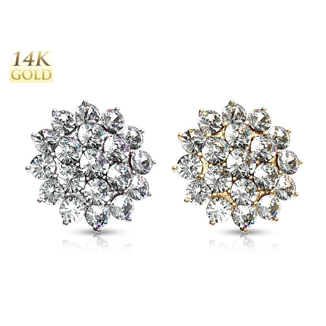 14K Solid Gold Jeweled Flower Dermal Anchor Top Head Stud Ring ...