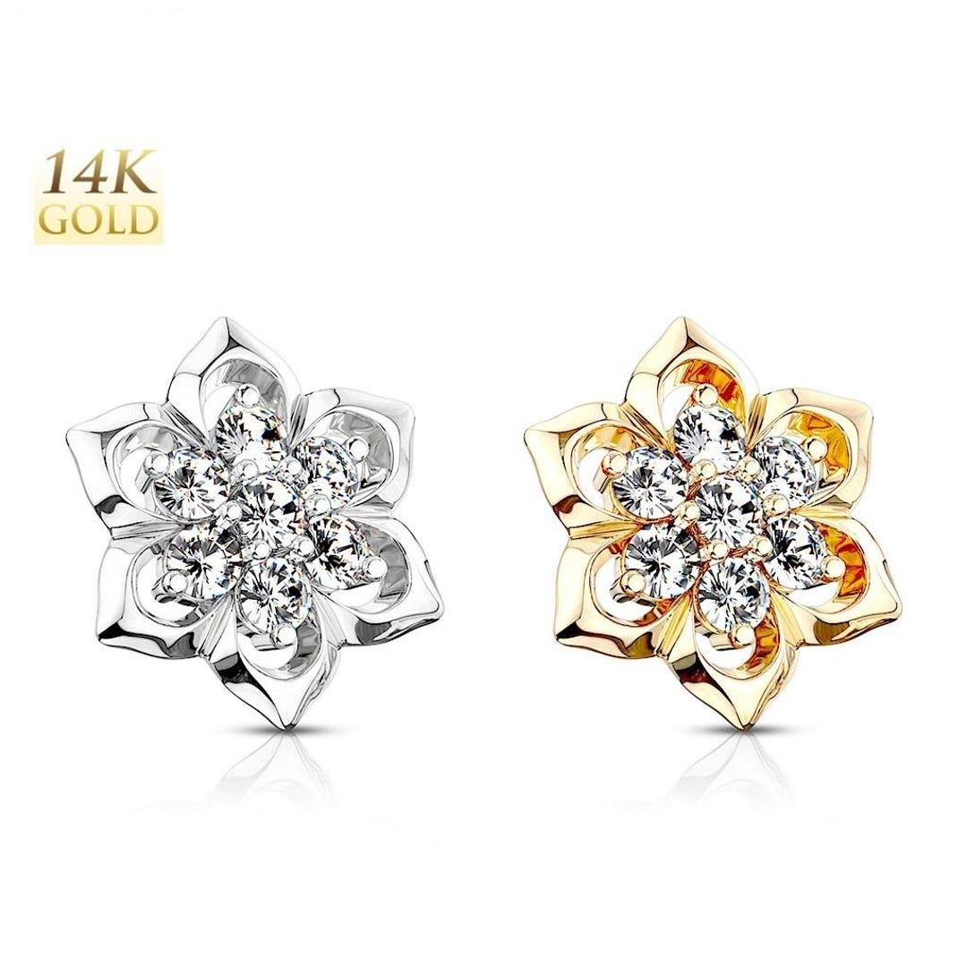 14K Solid Gold Flower Gem Dermal Anchor Top Head Stud Ring Internally ...