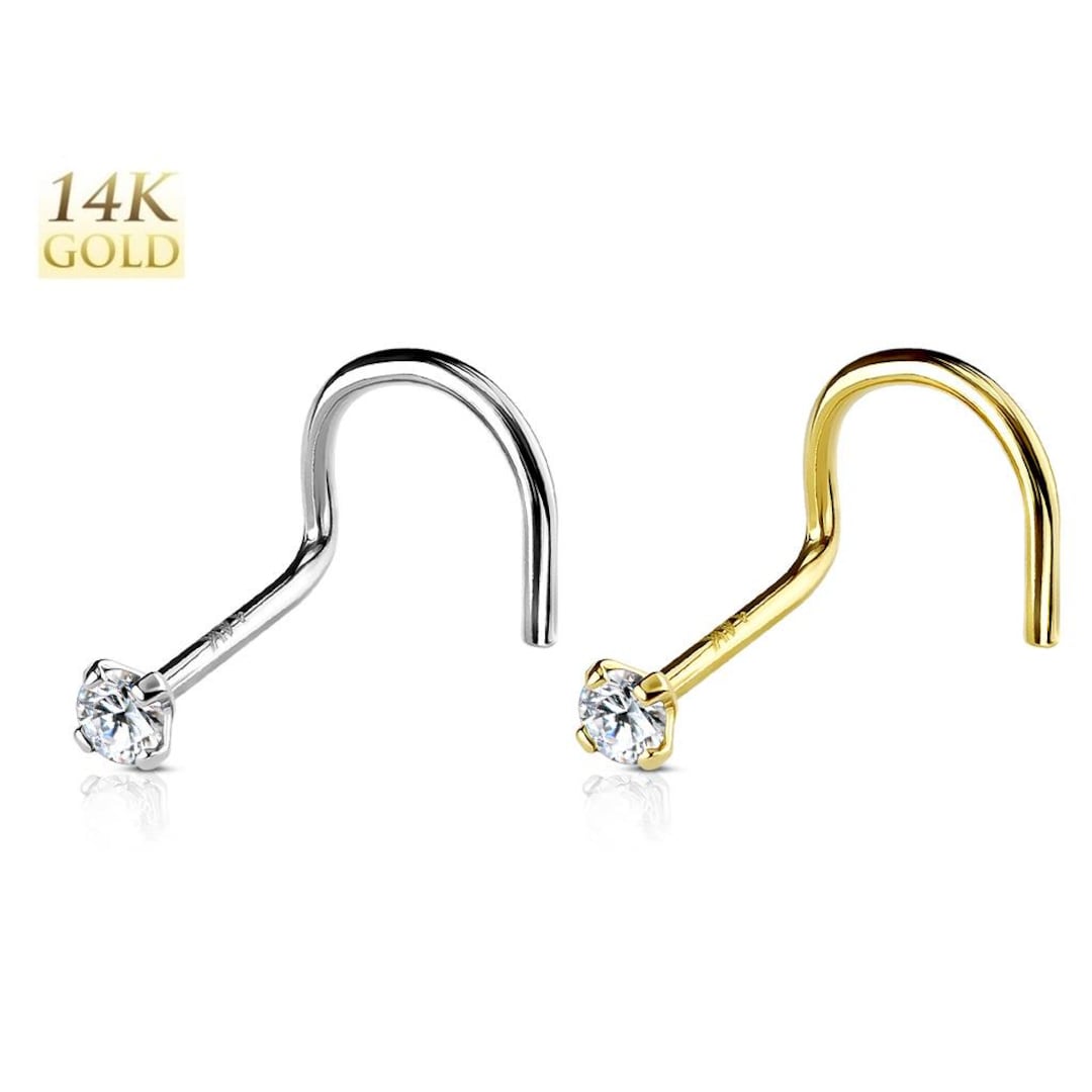 20 or 18 Gauge 14K Solid Gold Gem Setting Nose Nostril Screw Stud Rings Body Piercing Ring Studs ...