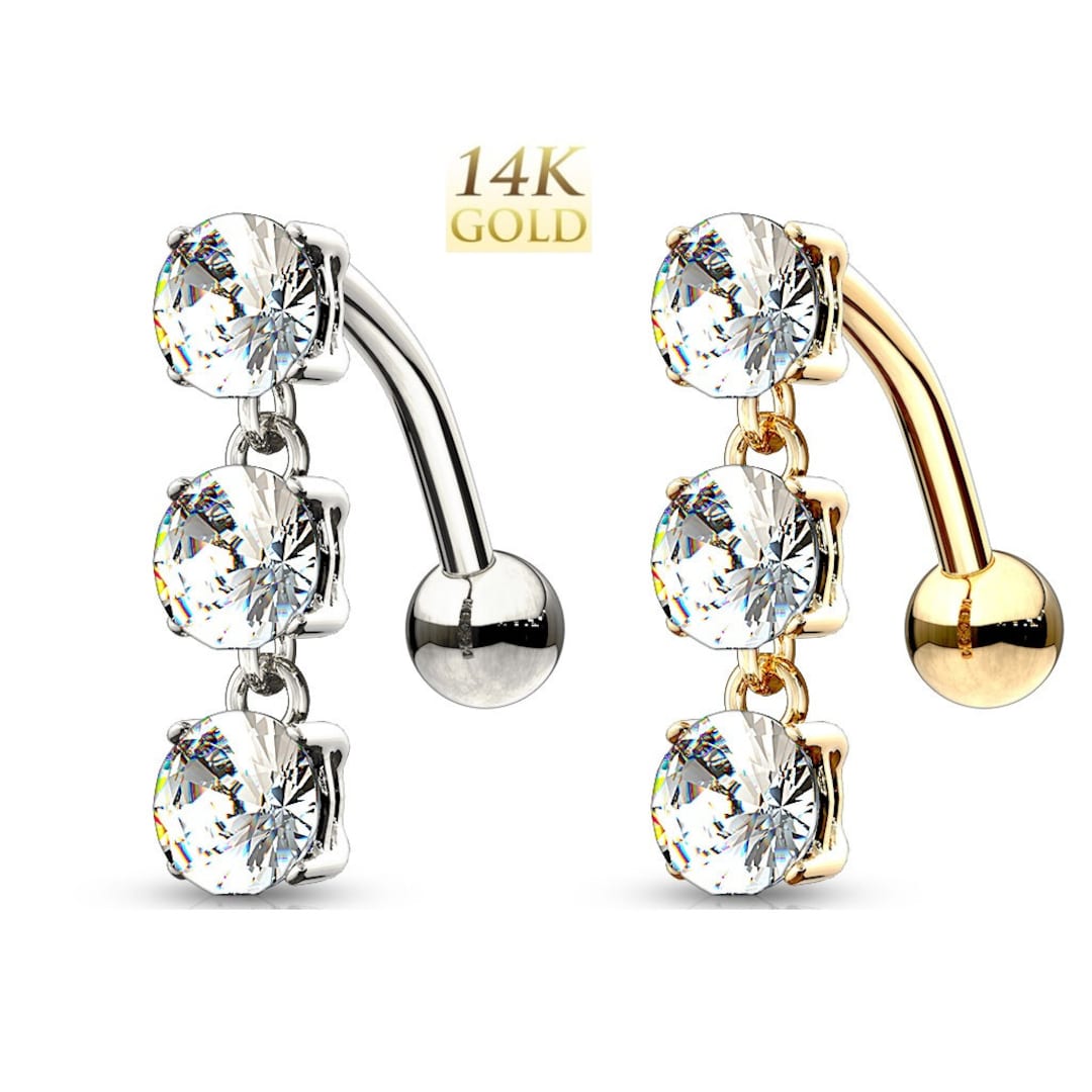 14K Solid Gold Triple Gem Vertical Drop Reverse Belly Button Rings ...