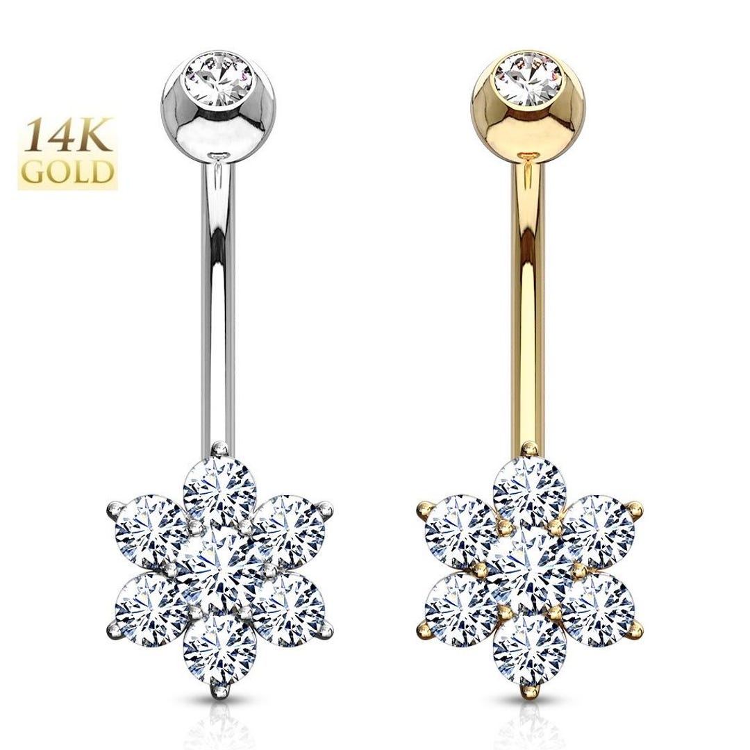 14K Solid Gold Flower Gem Belly Button Ring Stud Navel Bar Piercing ...
