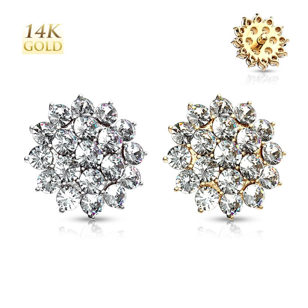14K Solid Gold Flower Gem Stud Dermal Anchor Top Internally Threaded ...