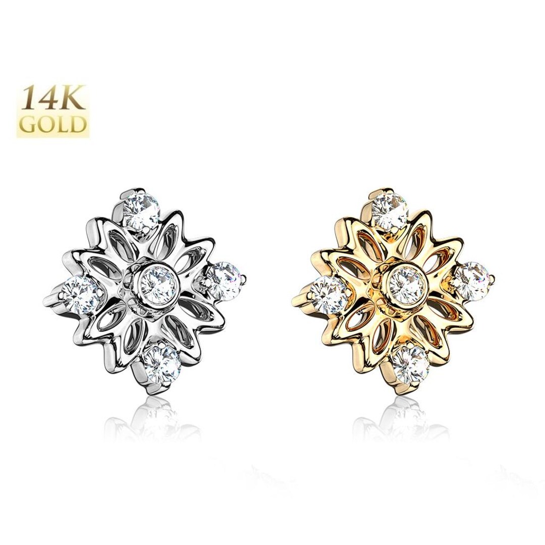 14K Solid Gold Jeweled Accented Flower Dermal Anchor Top Head Stud Ring ...