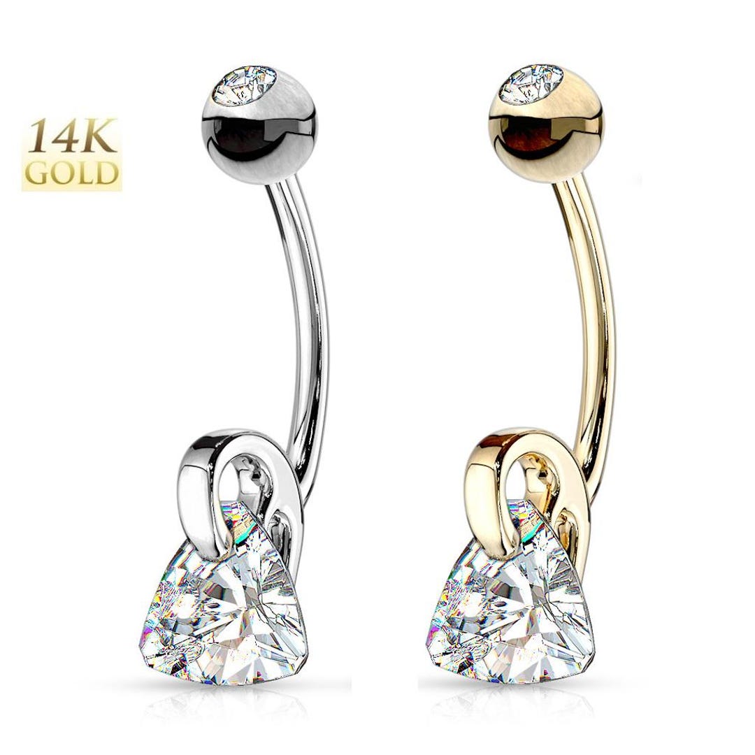 14K Solid Gold Clear Triangle Gem Belly Button Ring Stud Navel Bar ...