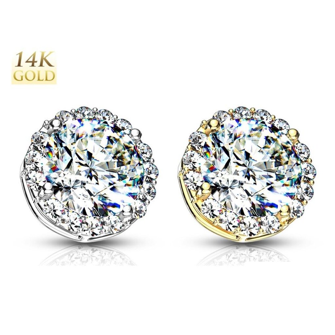 14K Solid Gold Halo Gem Stud Dermal Anchor Top Head Internally Threaded ...