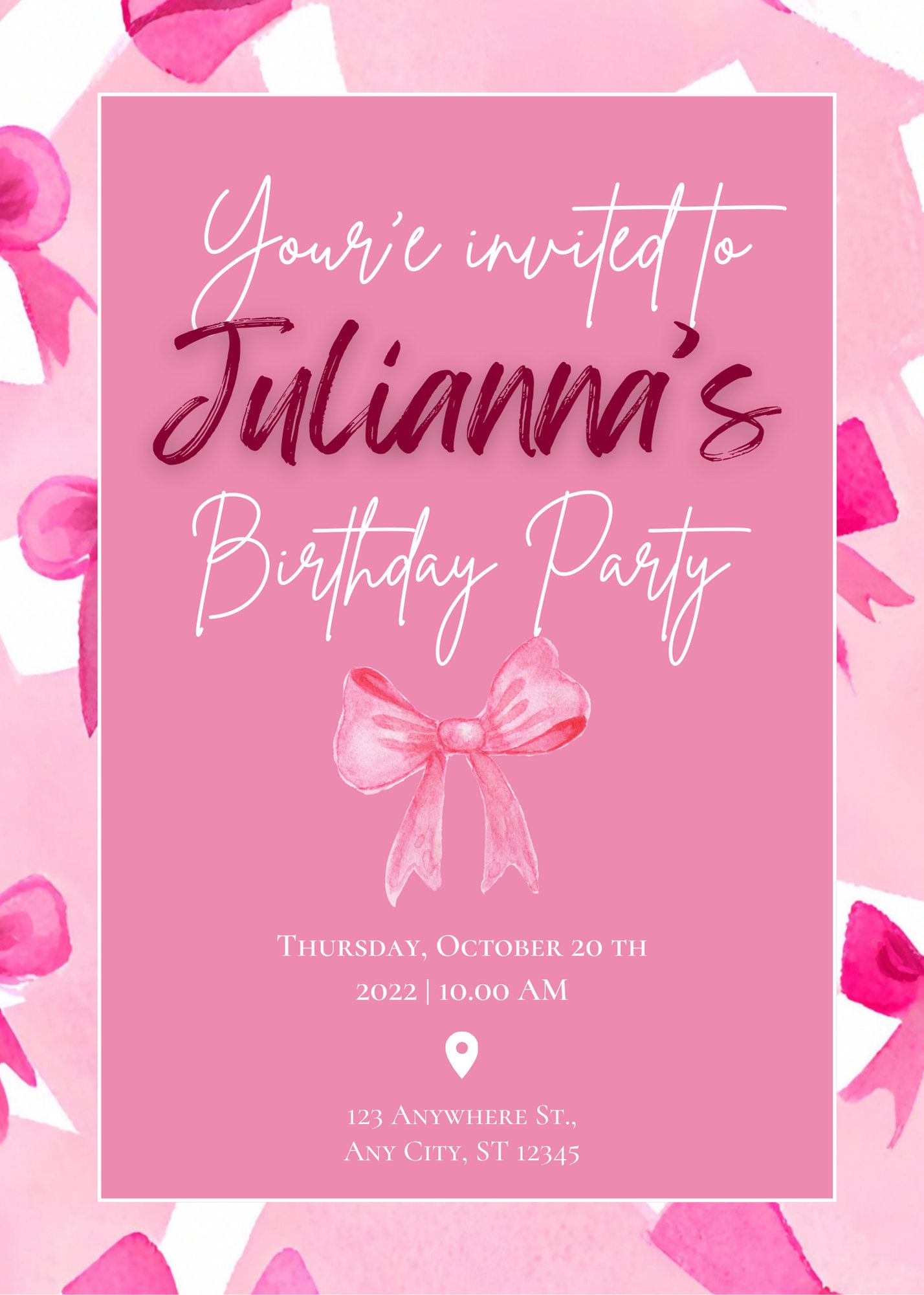 Coquette Bows Birthday Invitation, Editable Coquette Invite, Pink Bow ...