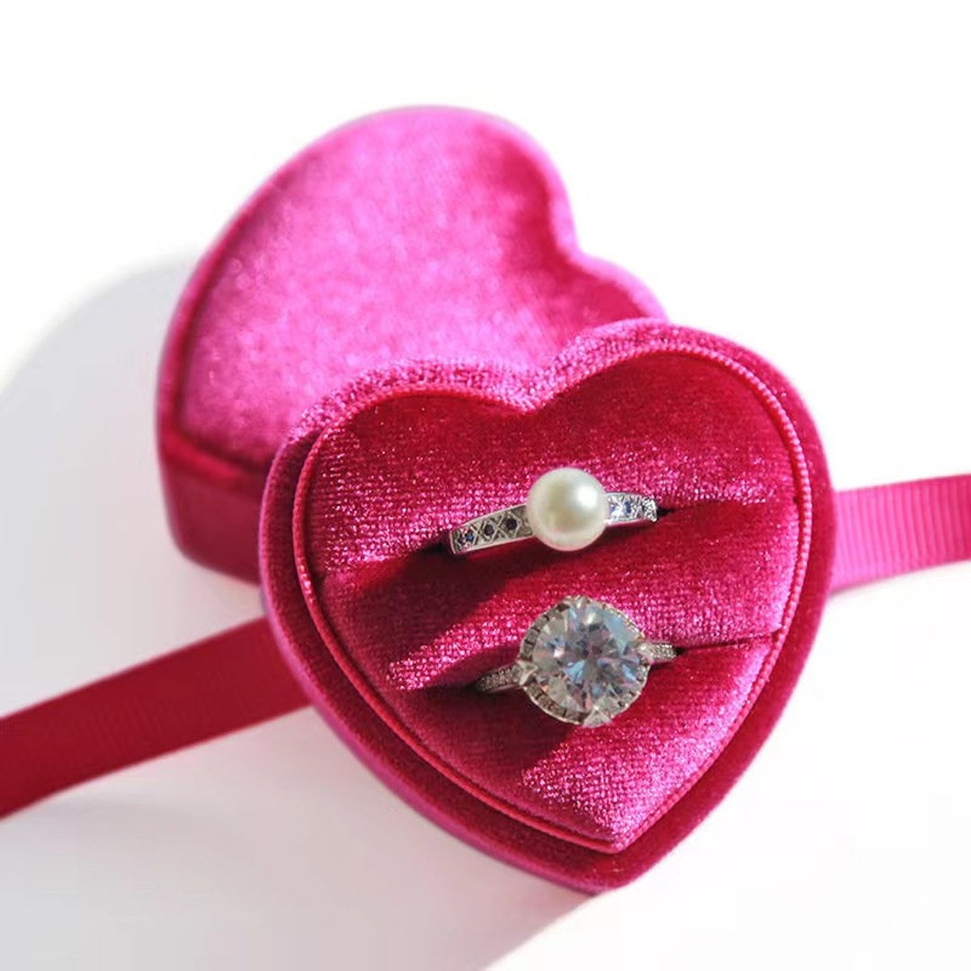Fluro Pink Velvet Ring Double Slot Ring Box for Wedding Ceremony ...