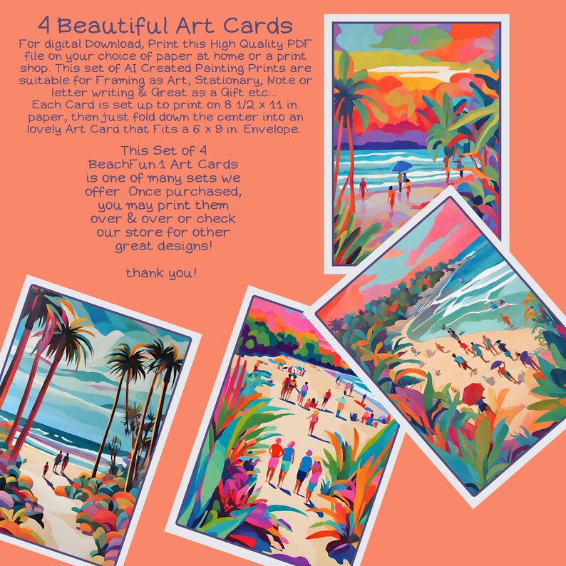 Set of 4 Digital Art Cards, Beach Fun Writing Cards, Coastal Painting ...