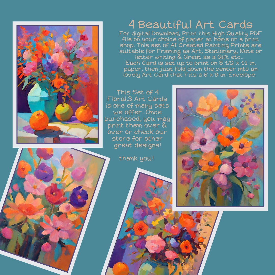 Set of 4 Lovely Paintings on Cards, Digital Art Cards, Floral Writing ...