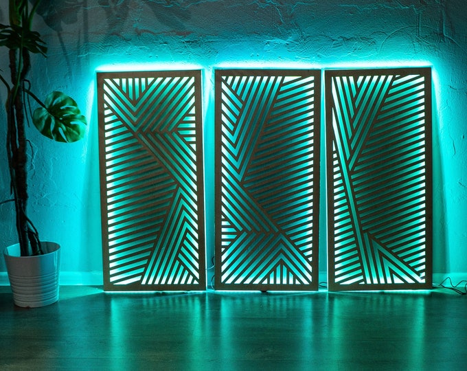 Geometric Wall Art Set With Led, Abstract Wood Wall Panels Lighted ...