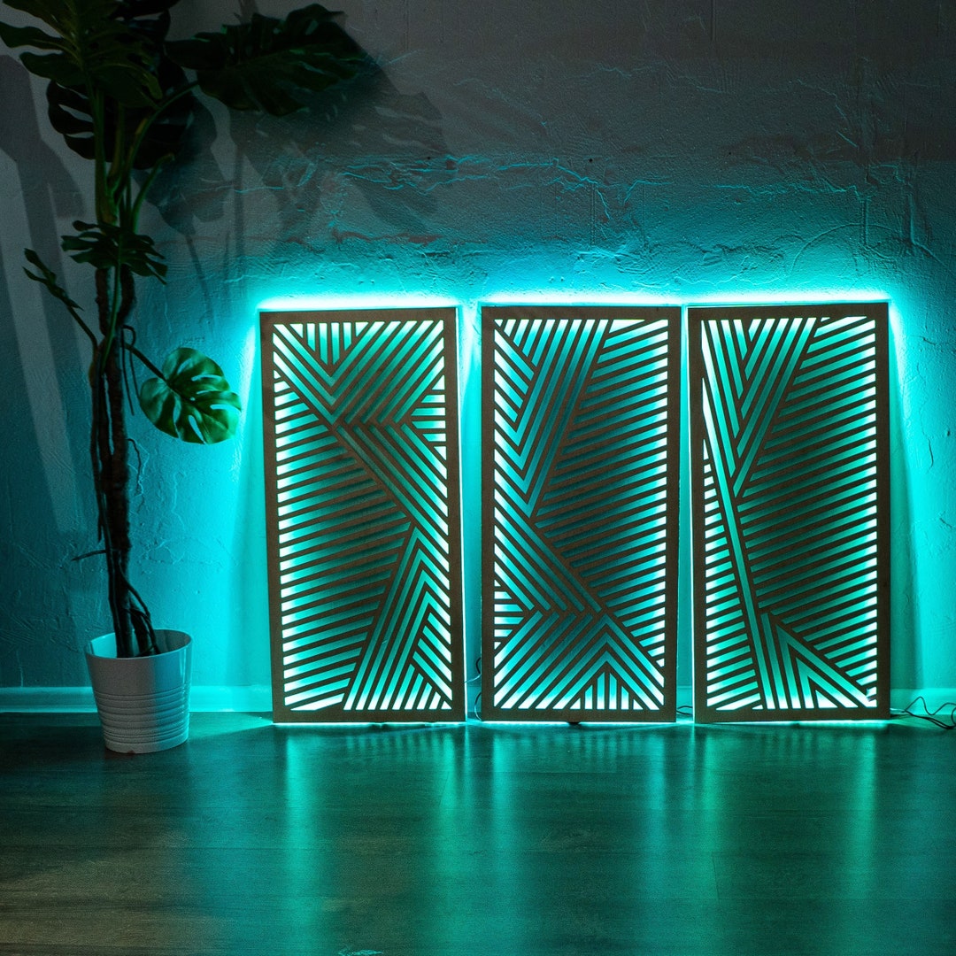 Geometric Wall Art Set With Led, Abstract Wood Wall Panels Lighted ...