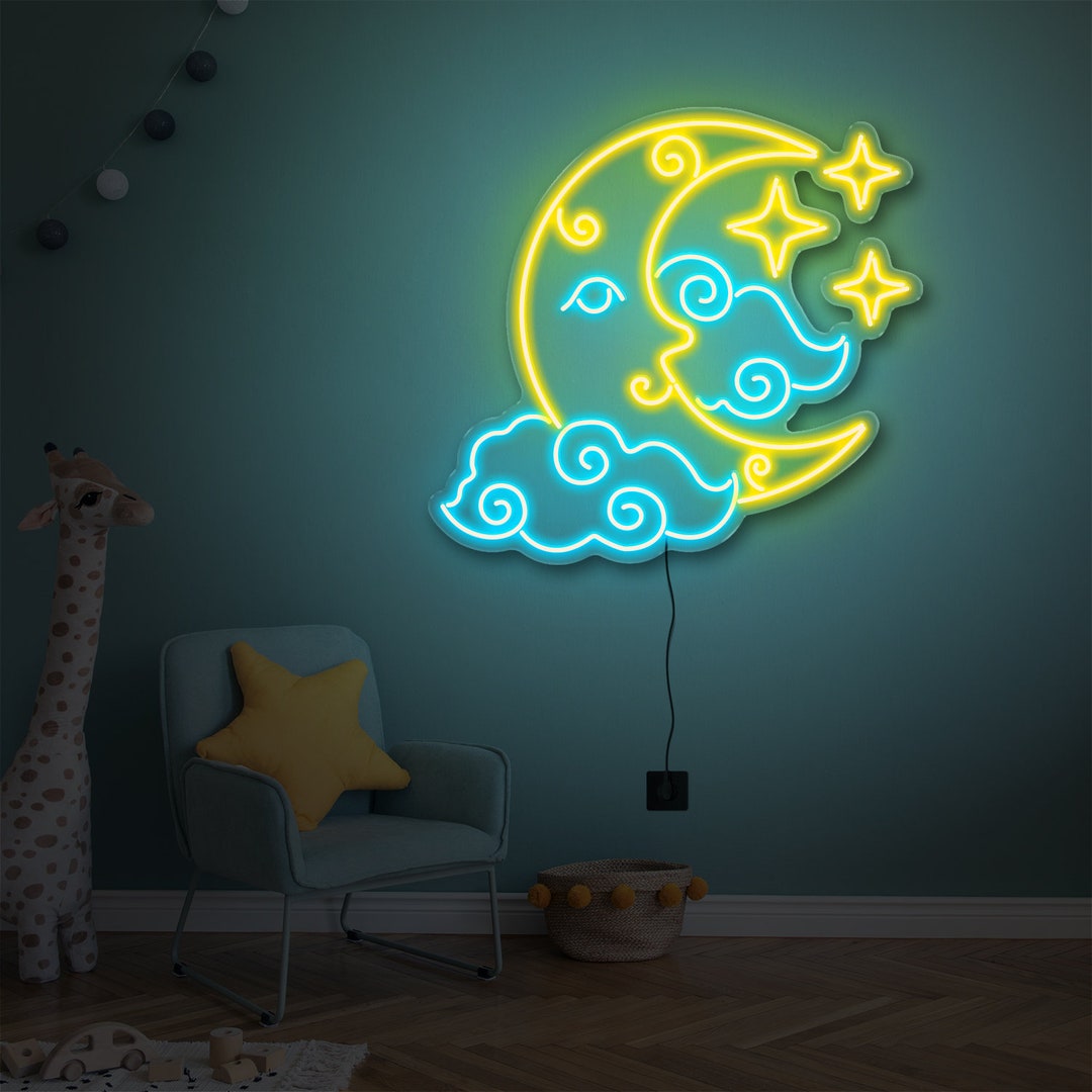 Moon and Stars Neon Sign, Anime Cloud Neon Sign, Moon Neon Lamp, Moon ...