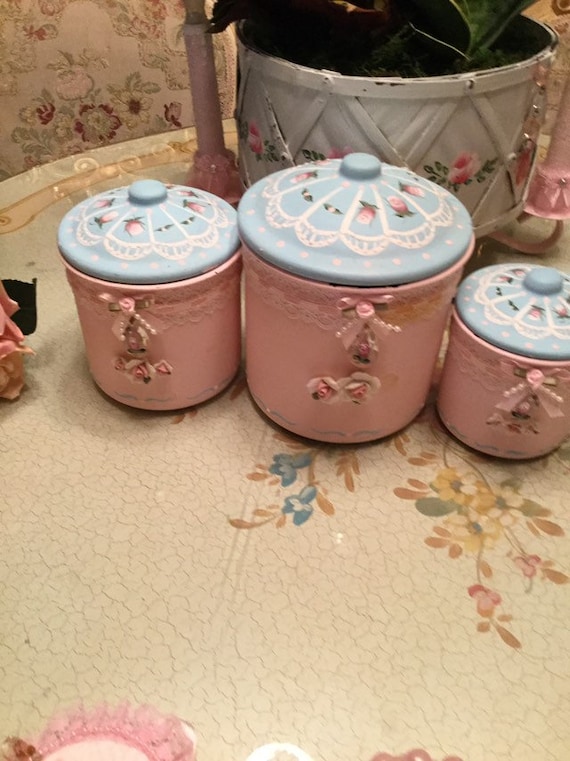 Shabby Chic Hand Painted Canisters 3 Pc Roses Pink Blue | Etsy