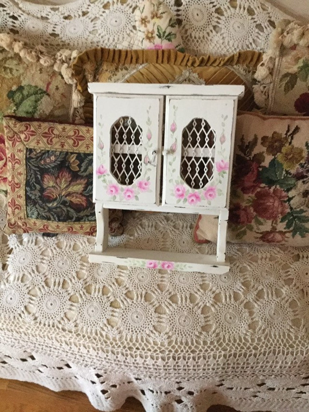 Shabby Chic Storage Shelf Wall Cabinets Roses Pink White Curio - Etsy