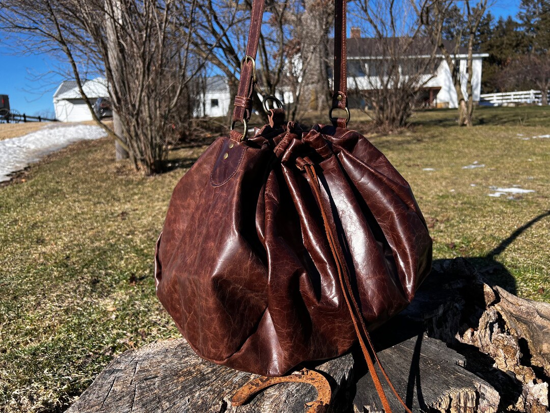 Handmade Brown Leather Drawstring Pouch: Adjustable Shoulder Strap - Etsy