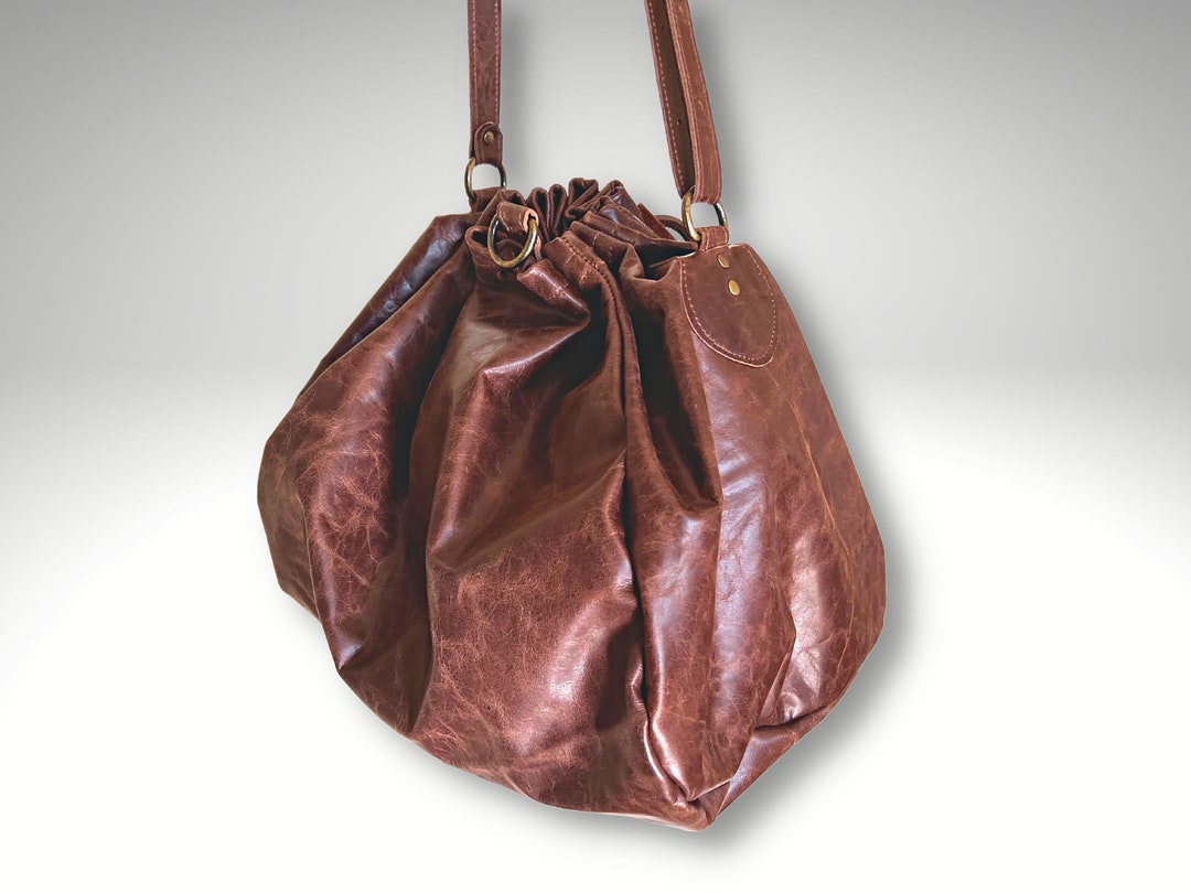 Brown Leather Drawstring Bag With Adjustable Shoulder Strap Pouch ...