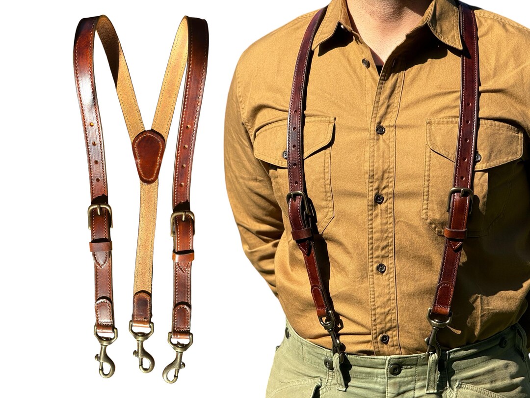 Top Grain Brown Leather Swivel Snap Suspenders, Western Suspenders ...