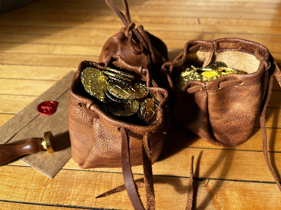 Brown Leather Pouches, Coin Pouch, Leather Drawstring Bag, Dice Pouch ...