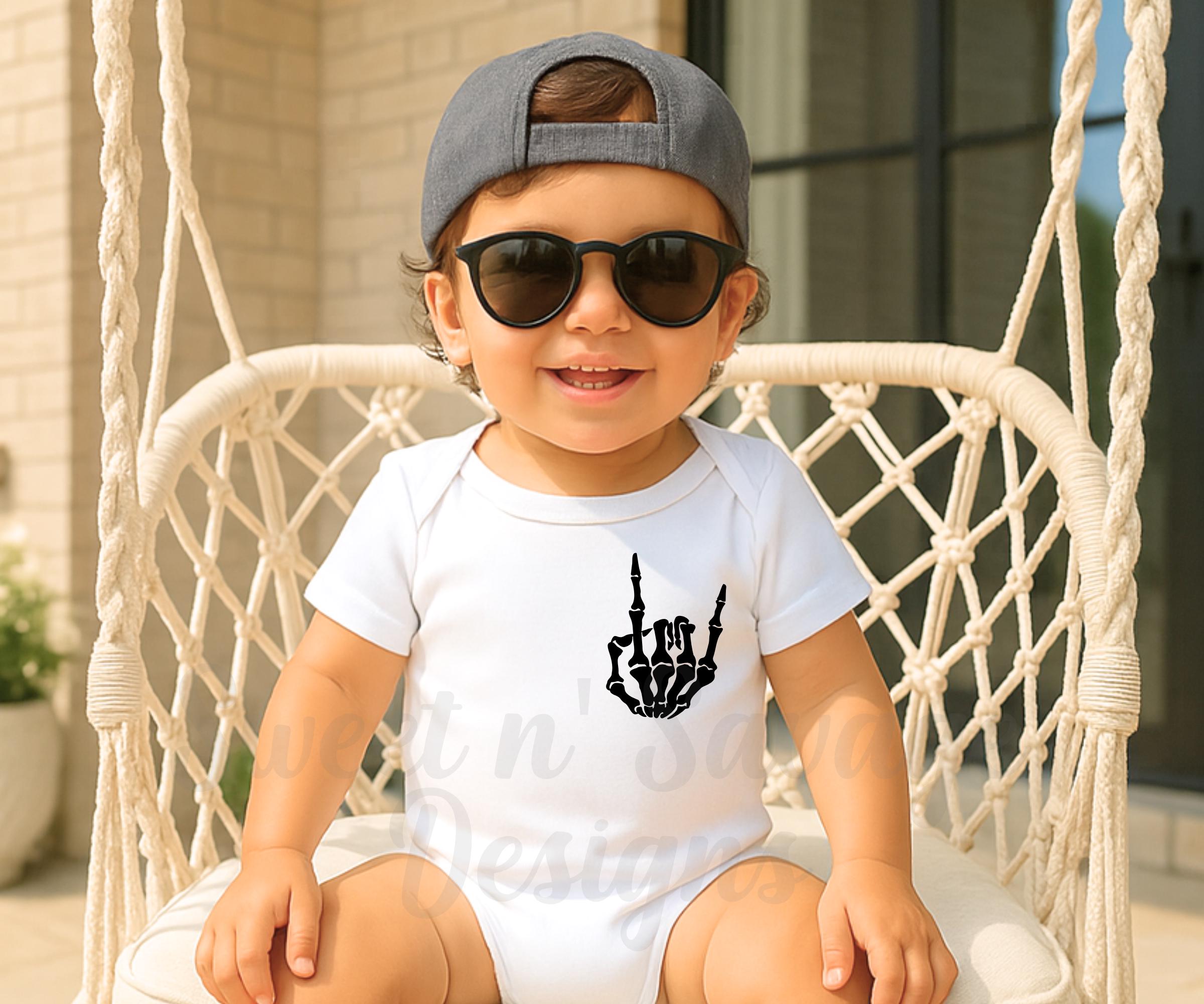 Rock on Onesie® | Skeleton Hand Onesies® | Emo Goth Punk Retro Baby ...
