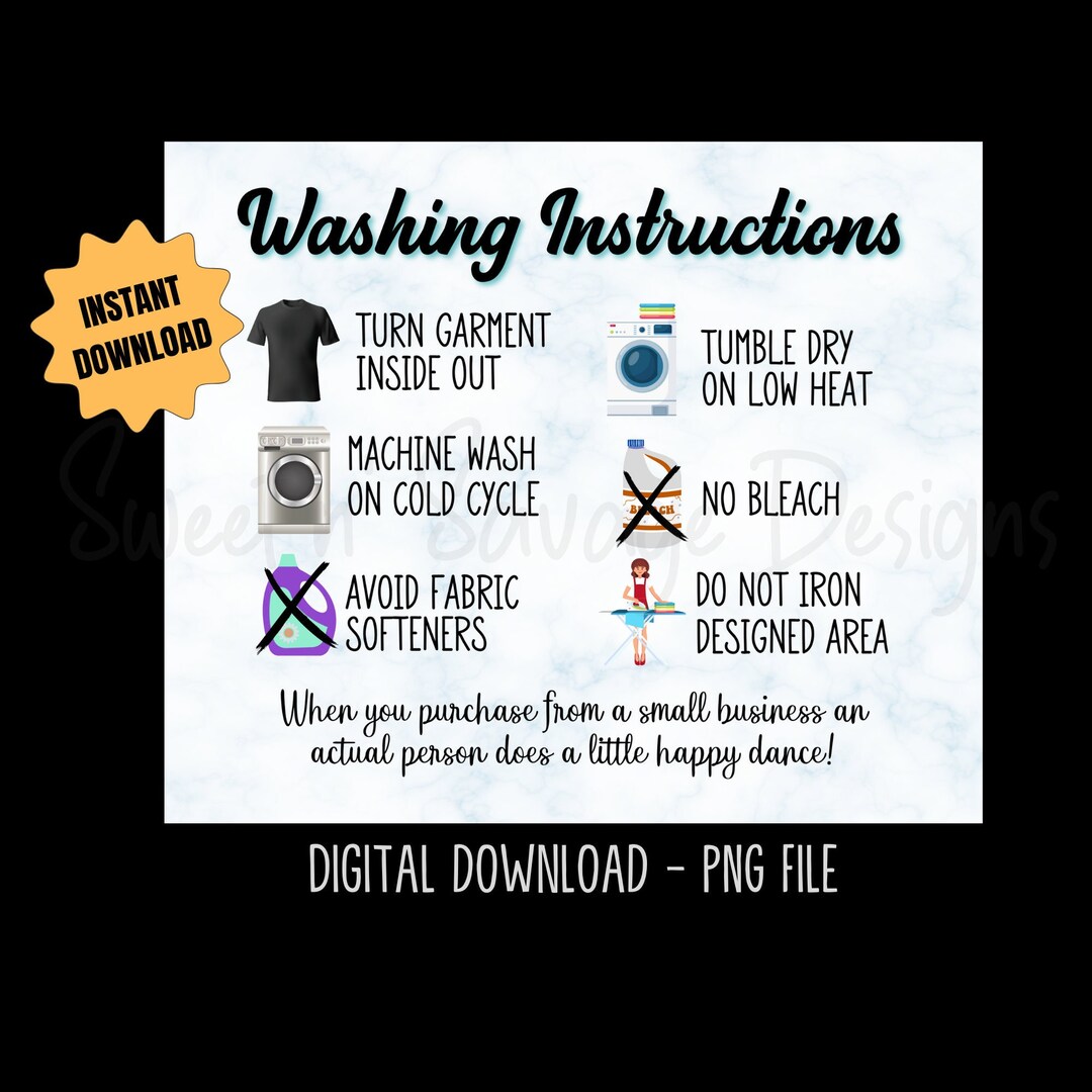 Printable Washing Instruction Cards for Shirts, Print Cut PNG File ...