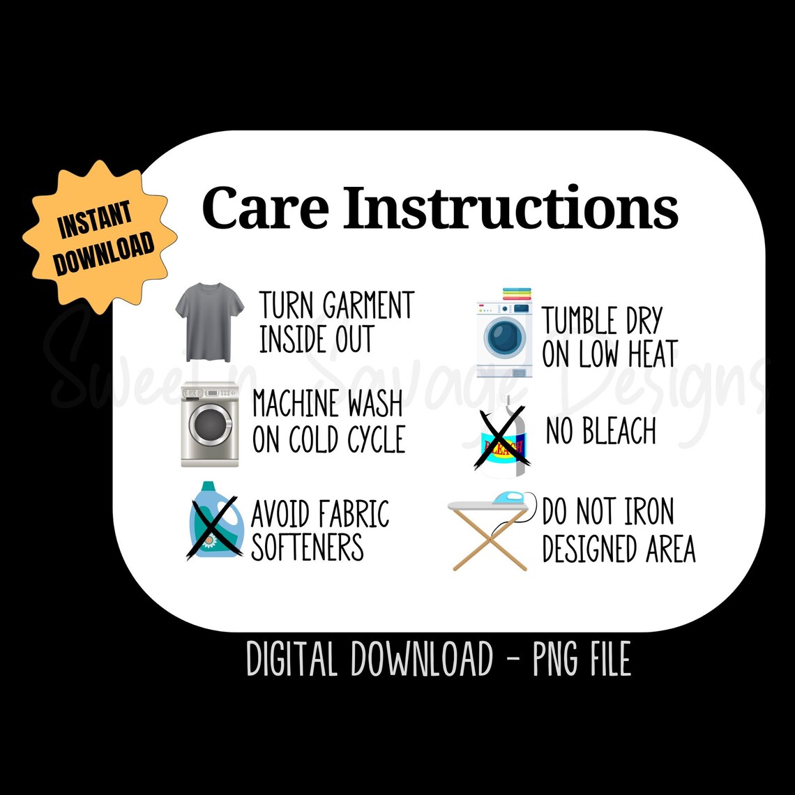 Care Instruction Card for Shirts, Print Cut PNG File, Washing ...