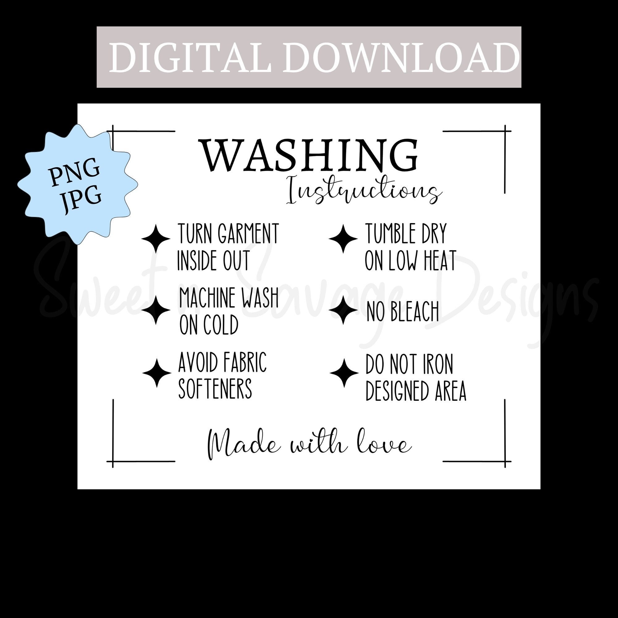 Printable Washing Instruction Cards for Shirts Print Cut PNG - Etsy