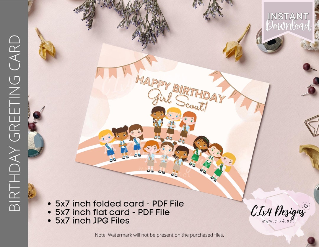 Birthday Greeting Card Girl Scouts ALL LEVELS Printable 5x7 Folded Card ...