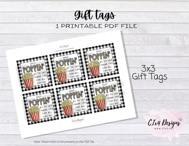 Popcorn Thank You Gift Tag | Just POPPIN' by | Co-worker, Neighbor ...