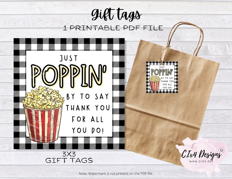 Popcorn Thank You Gift Tag | Just POPPIN' by | Co-worker, Neighbor ...