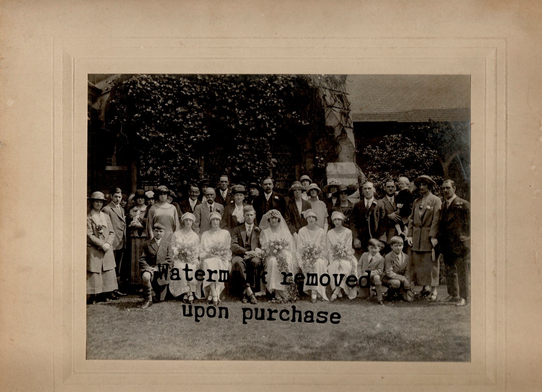 Vintage Wedding Photo 1917 Sepia Bridal Party Bride Groom WWI Antique ...