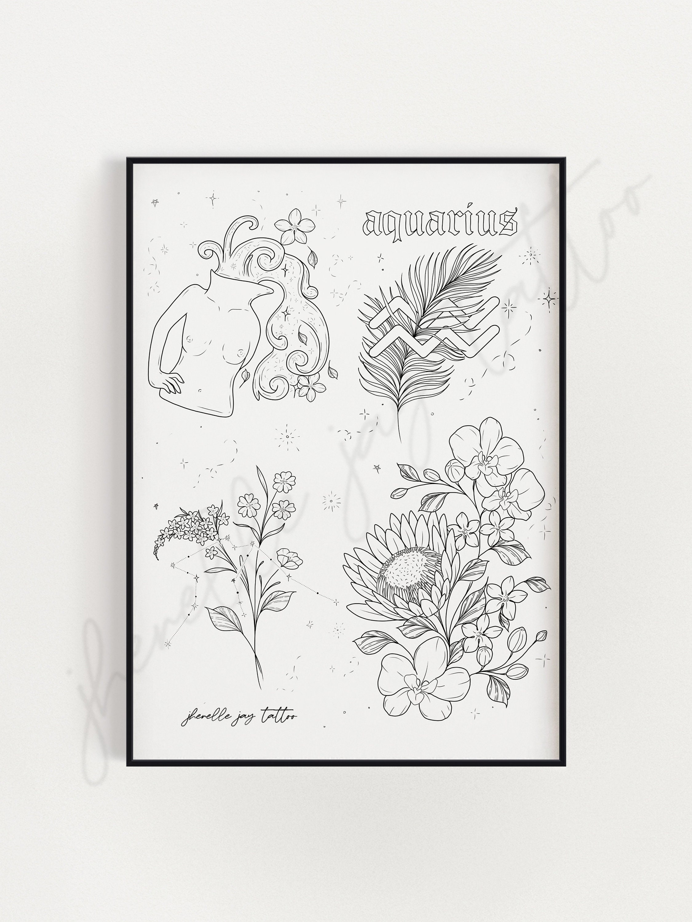 AQUARIUS - Astrology Tattoo Flash Sheet Print - Digital Download Adult ...