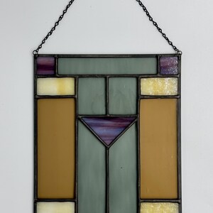 Stained Glass Panel Prairie Style Geometric Window Hanging in Neutral ...