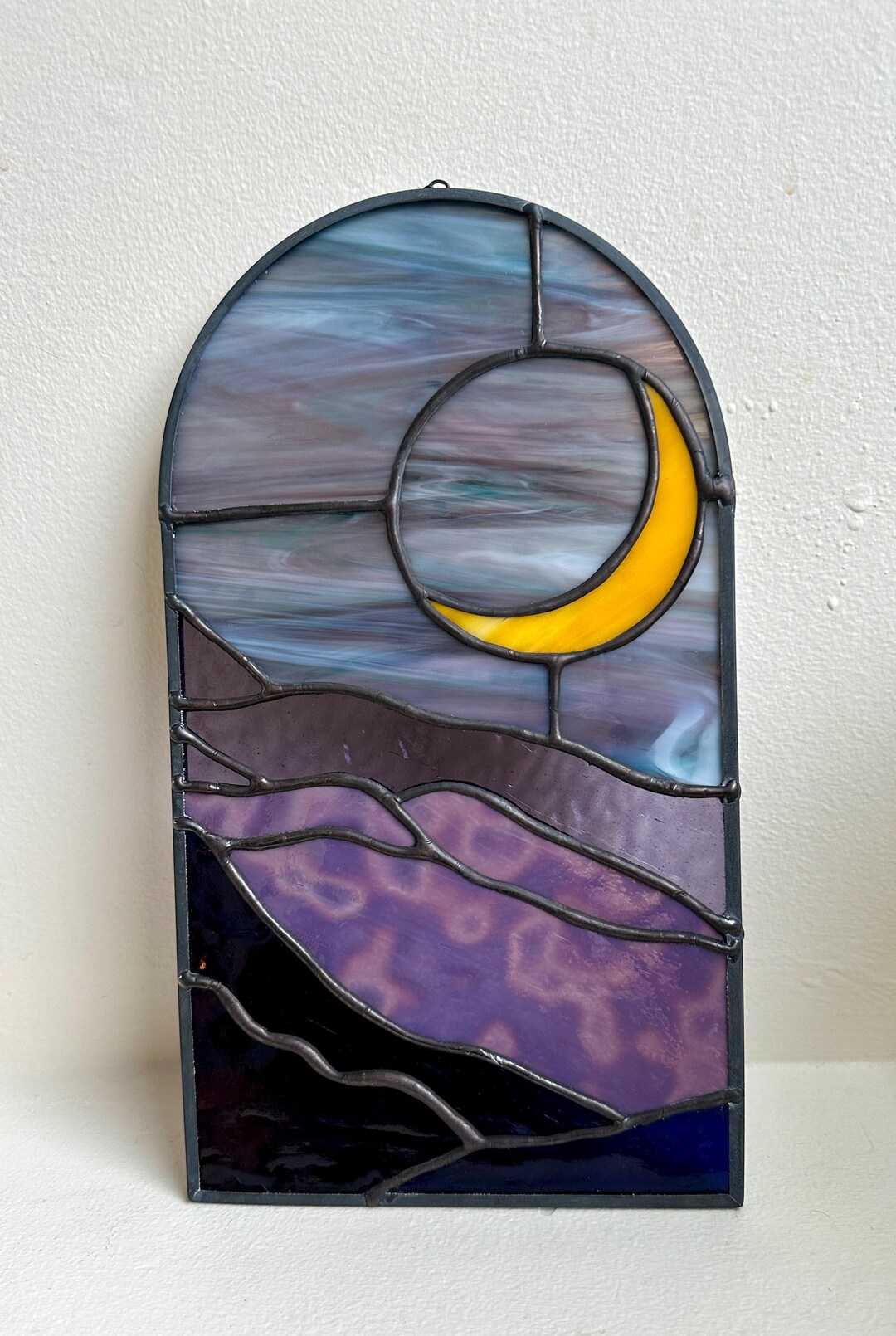Stained Glass Panel : Crescent Moon and Mountains, Purple Window ...