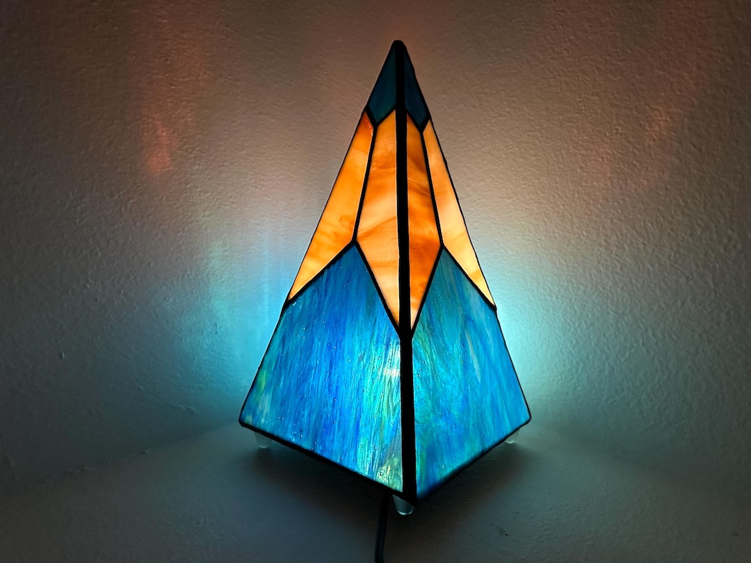 Handmade Stained Glass Pyramid Lamp: Blue Green Amber Accent Light - Etsy