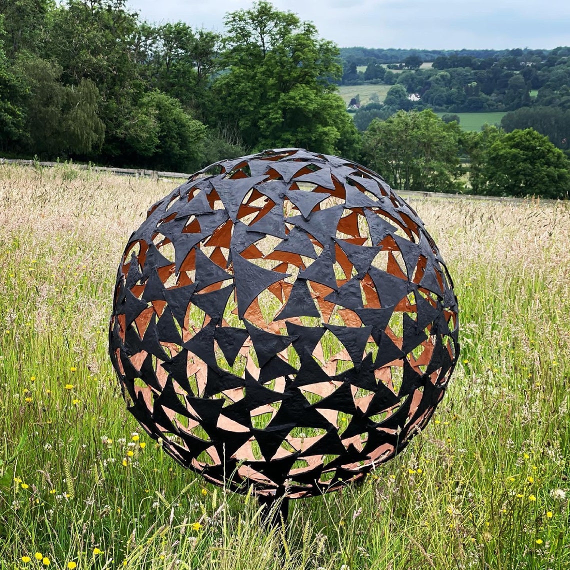 Handmade Metal Garden Lighting Sphere Sculpture - Matte Black & Copper ...