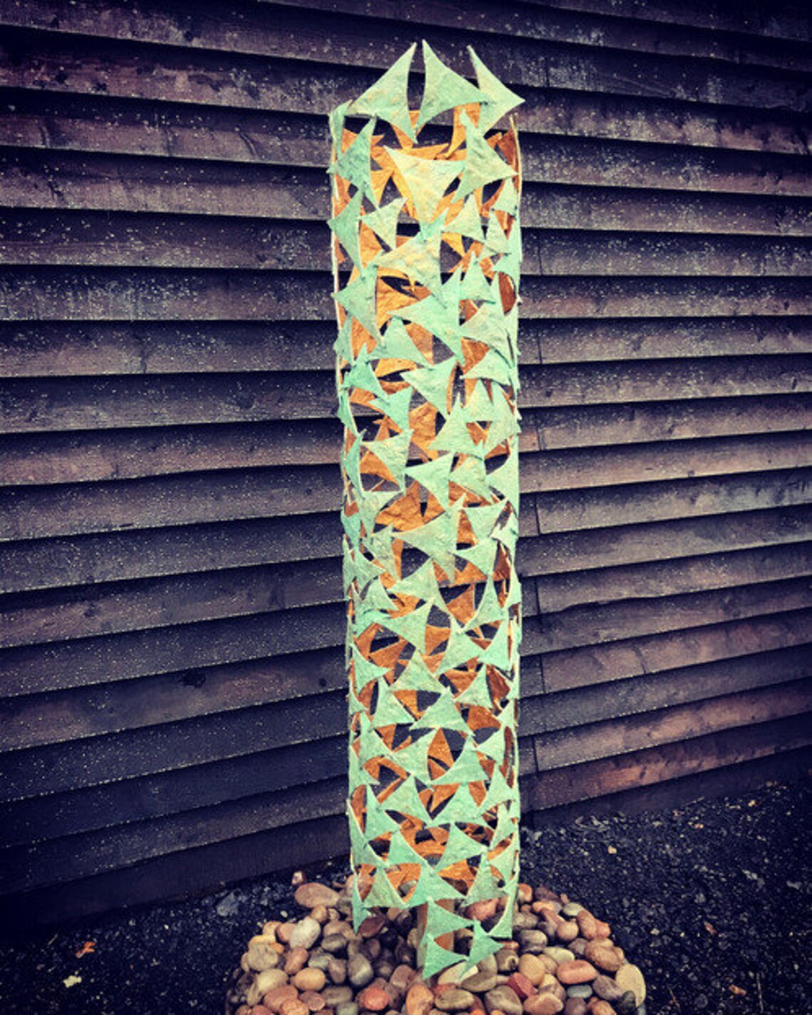 Handmade Metal Garden Sculpture Illuminated Verdigris & Gold Column ...