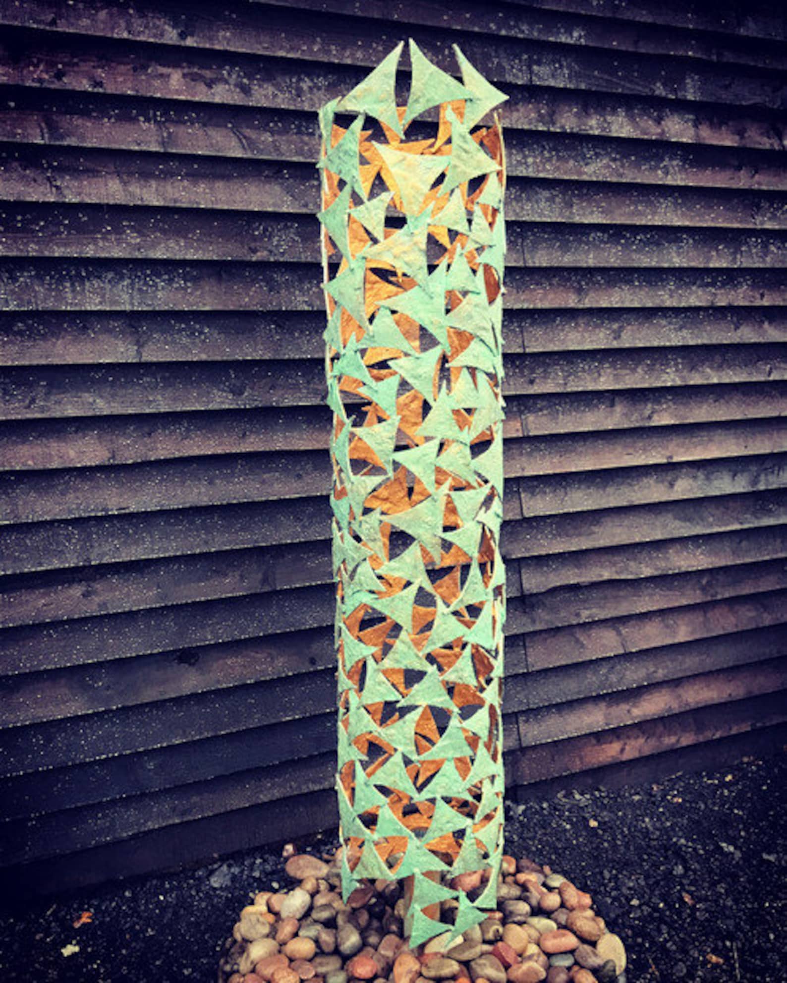 Handmade Metal Garden Sculpture Illuminated Verdigris & Gold Column ...