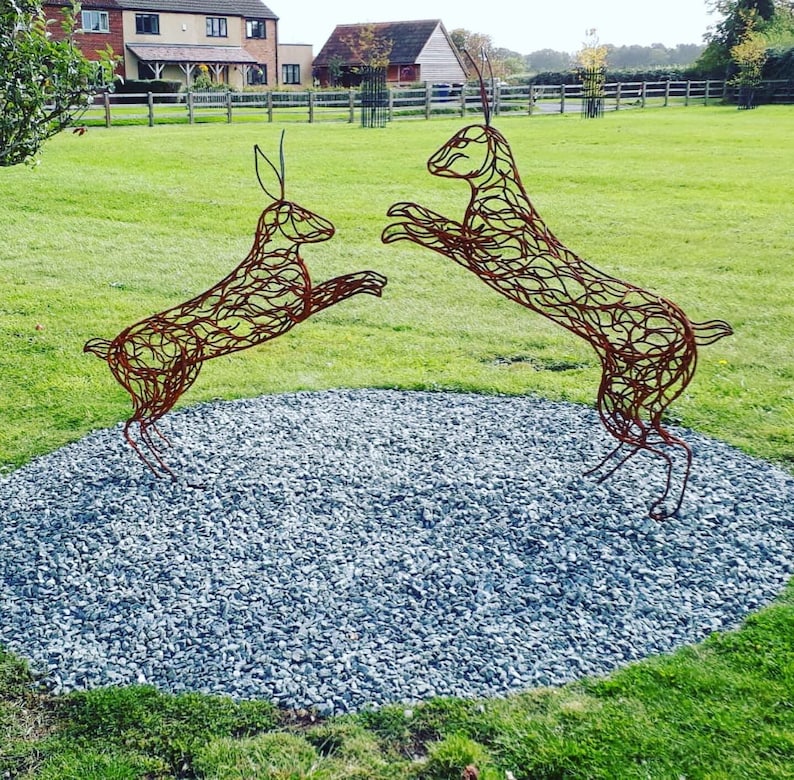 Handmade Metal Boxing Hares Garden Outdoor Sculpture Garden Yard Art ...