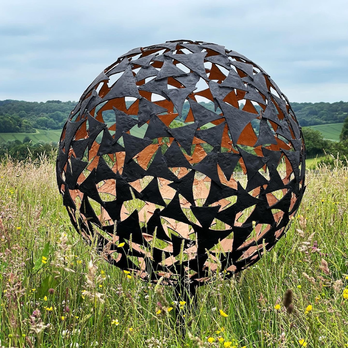 Handmade Metal Garden Lighting Sphere Sculpture - Matte Black & Copper ...