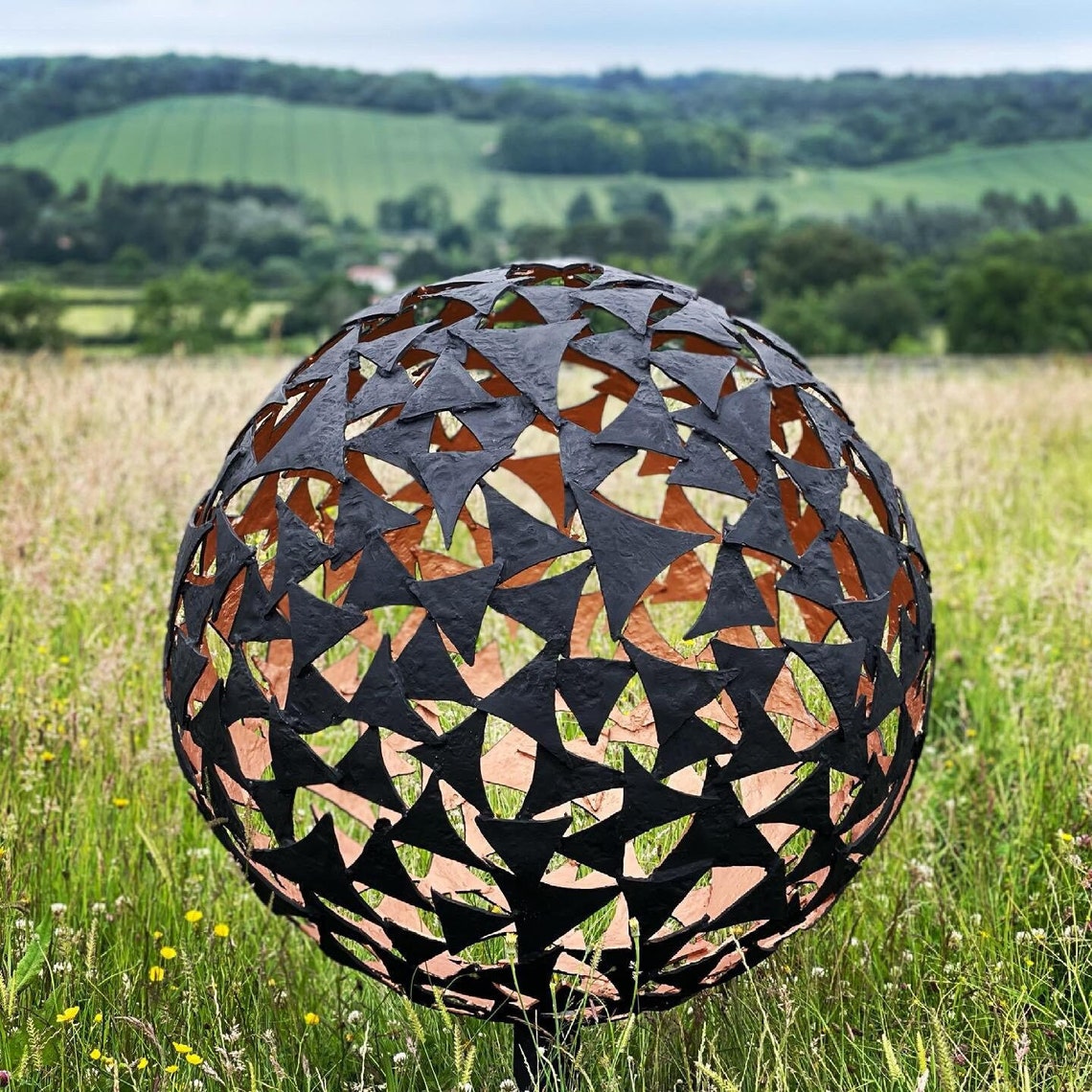 Handmade Metal Garden Lighting Sphere Sculpture - Matte Black & Copper ...