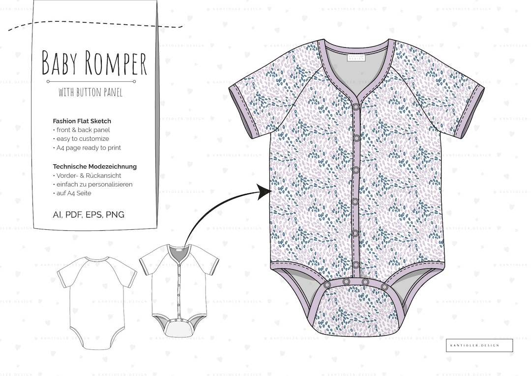Fashion Technical Drawing Baby Romper With Button Panel, Vector ...