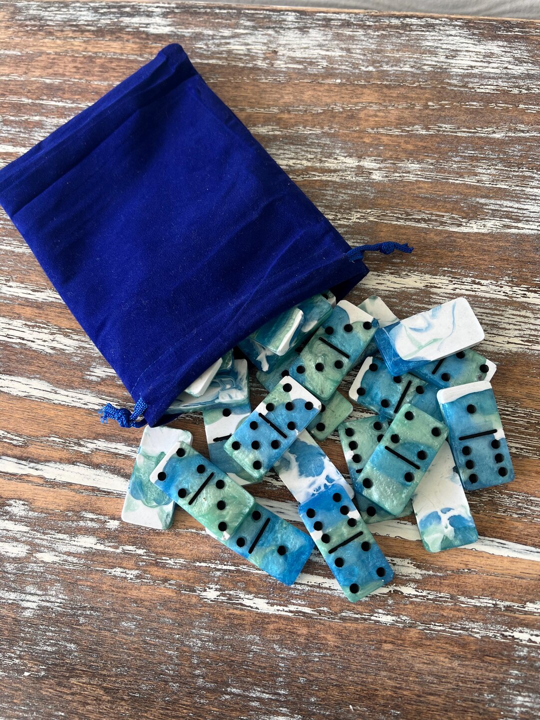 Coastal Water Vibes Resin Dominoes Game With Velvet Bag 28 Pieces Blue ...