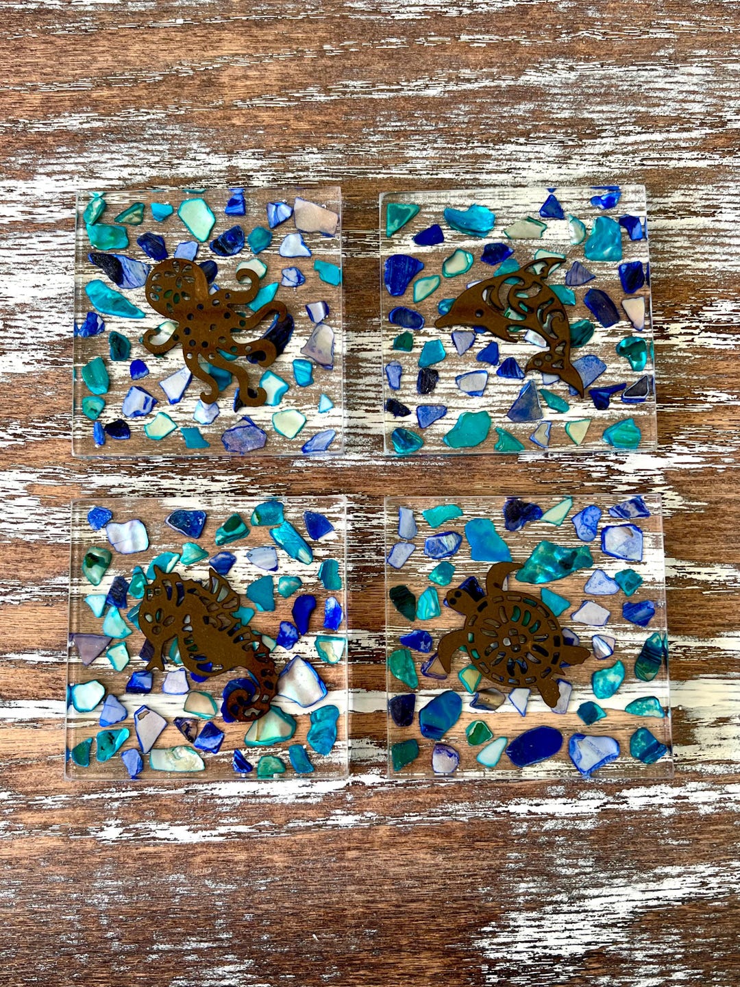 Ocean Animals Sea Pebble Resin Drink Coasters Set of 4 Beach House ...