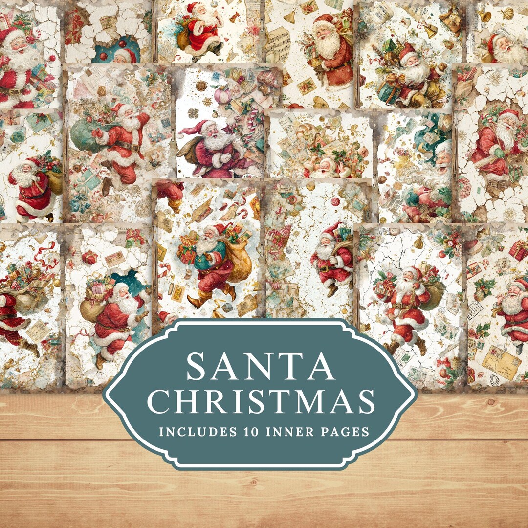 Vintage Santa Christmas Collage Printable, Whimsical Watercolor Junk ...