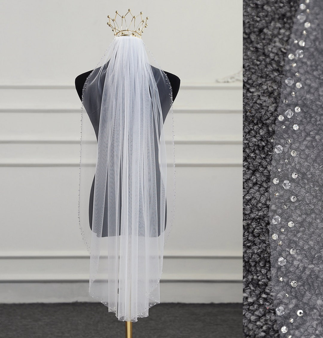 Crystals Trim Veil, Elegant Fingertip Veil, Beaded Bridal Veil ...