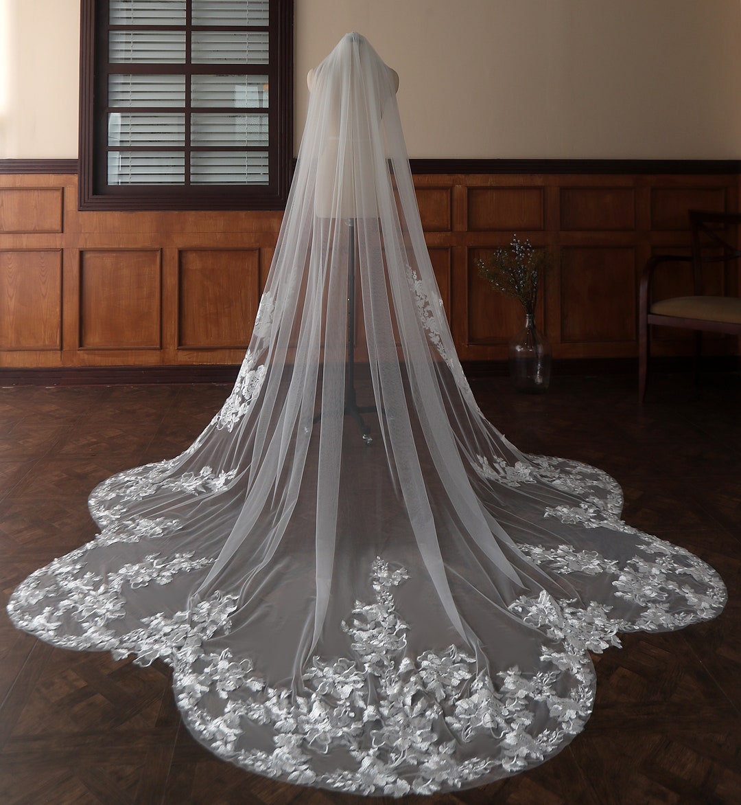 Handmade Cathedral Wedding Veil: Scalloped Lace Appliqués & Sequins - Etsy